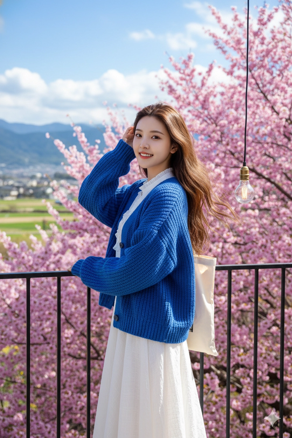 Prompt tạo ảnh bên hoa mai anh đào rực sắc xuân